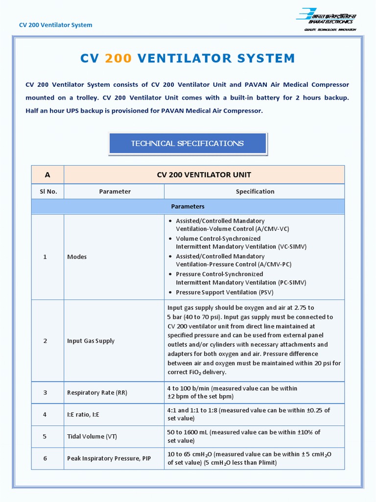 CV-200 Ventilator Technical Specifications | PDF | Power Supply | Equipment