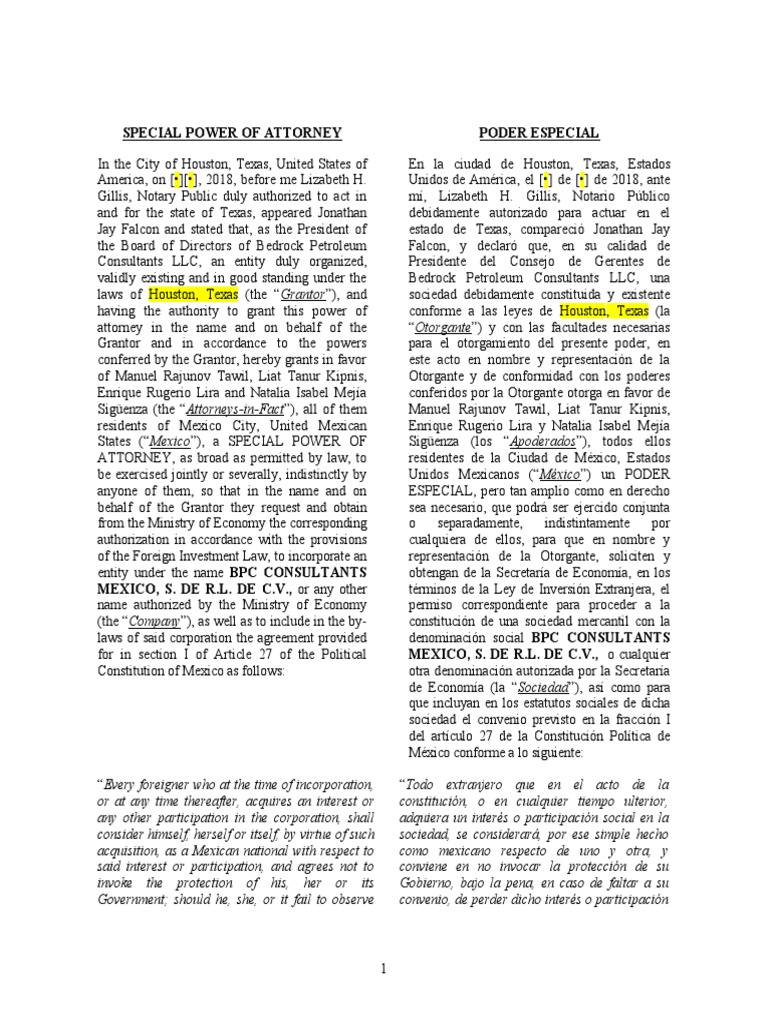 Special Power of Attorney Poder Especial | PDF | Conceptos legales | Derecho Civil (Common Law)