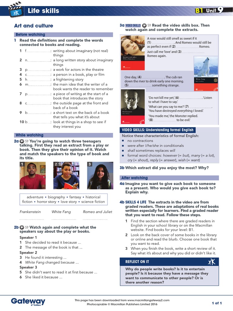 B1 UNIT 9 Life Skills Video Worksheet | PDF | Books