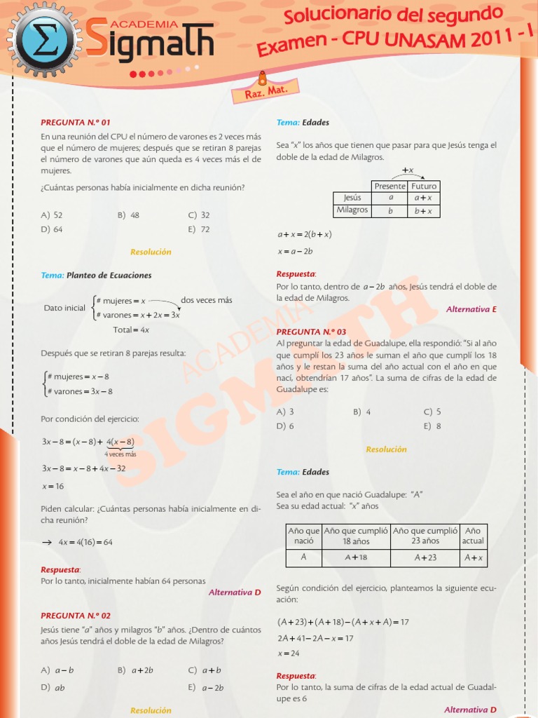 Solucionario 2do Examen RM - CPU UNASAM 2011 | PDF | Combinatoria | Probabilidad