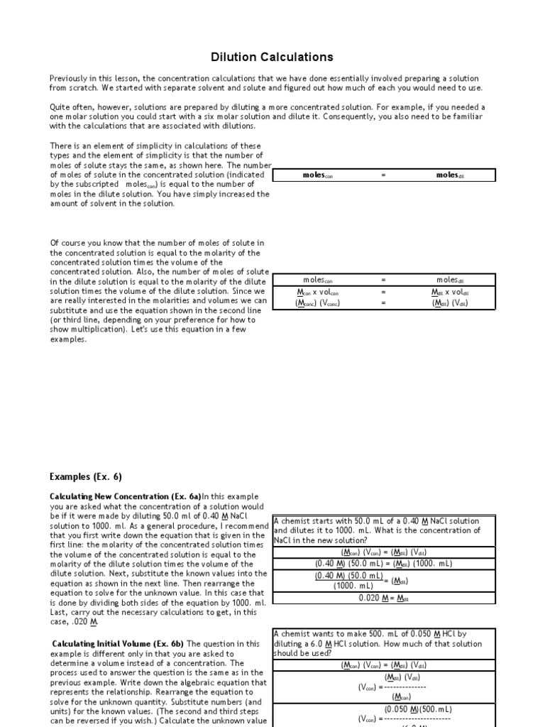 Dilution Calculations | PDF | Solution | Concentration