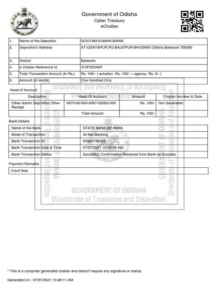 Government of Odisha: Echallan Cyber Treasury | PDF