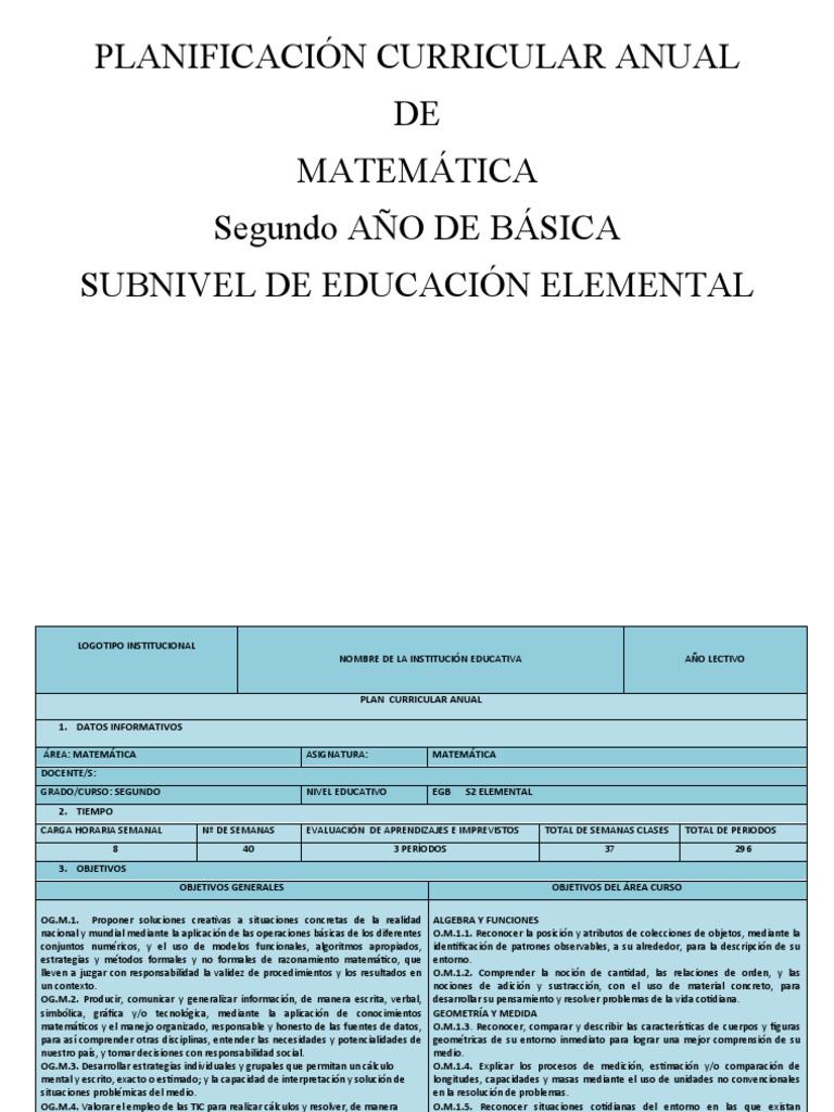 Plan Curricular Anual Matemática 2° Básica | PDF | Números | Sustracción