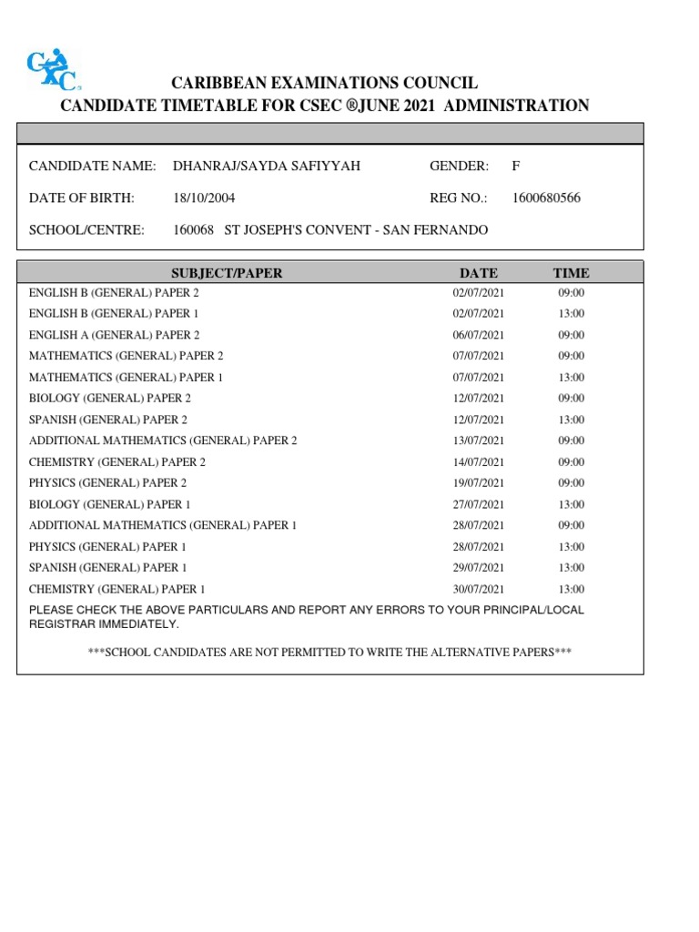 Caribbean Examinations Council Candidate Timetable For Csec ®june 2021 ...