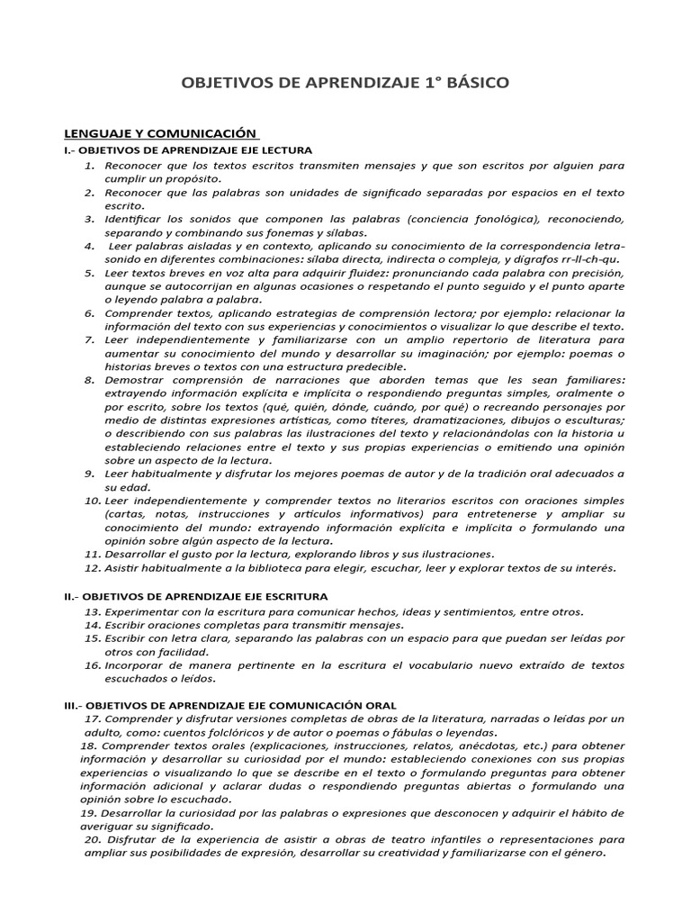 Objetivos de Aprendizaje 1° Básico | PDF | Comunicación | Comunicación ...