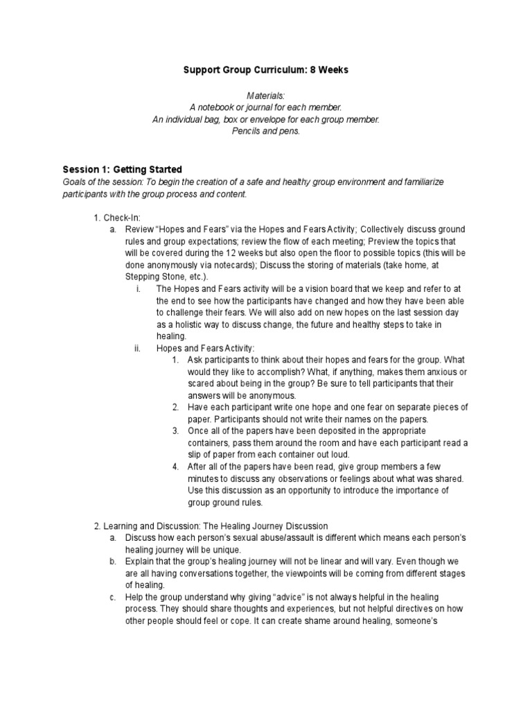 8-Week Support Group Curriculum | PDF | Consent | Anxiety