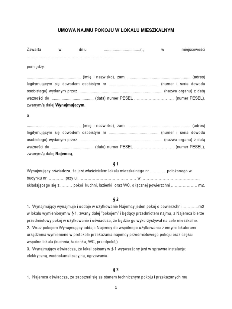 Umowa Najmu Pokoju W Lokalu Mieszkalnym | PDF