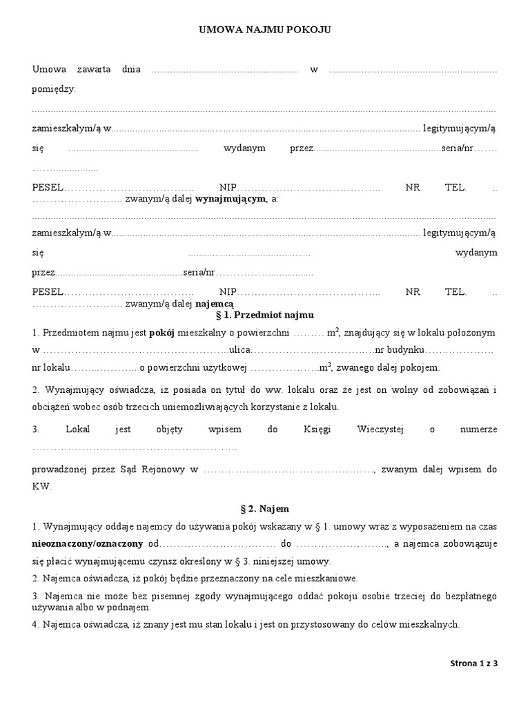 Umowa Najmu Pokoju | PDF