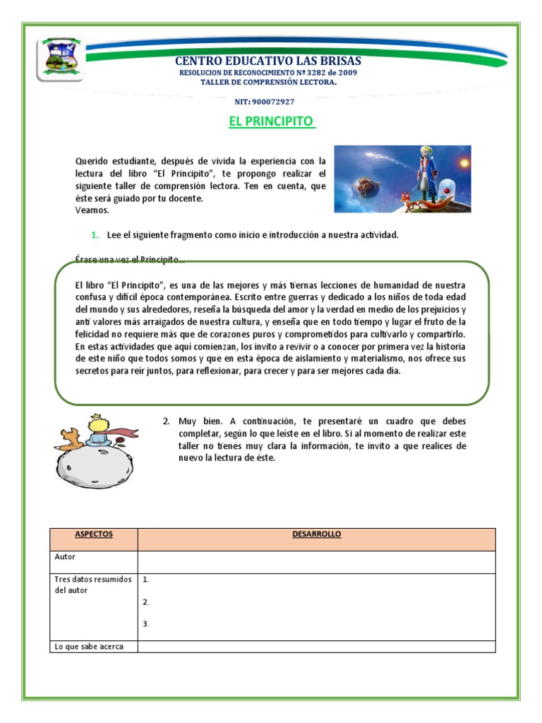 Taller de comprensión lectora sobre el libro "El Principito | PDF | El ...