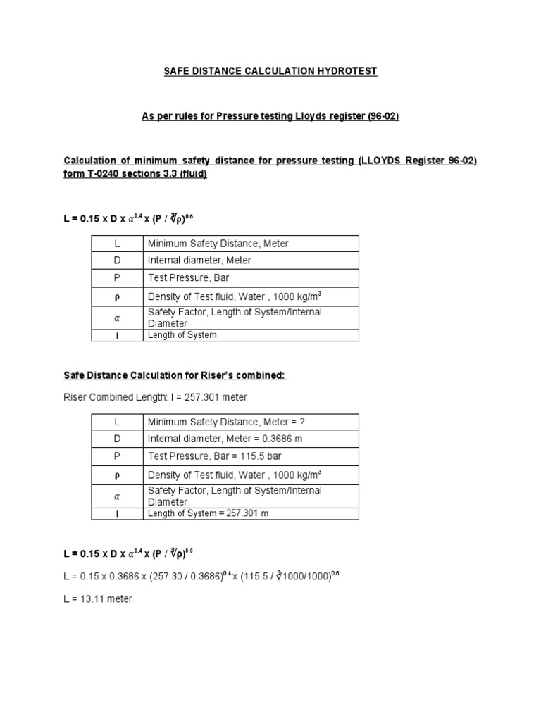 Safe Distance Calculation Hydrotest | PDF