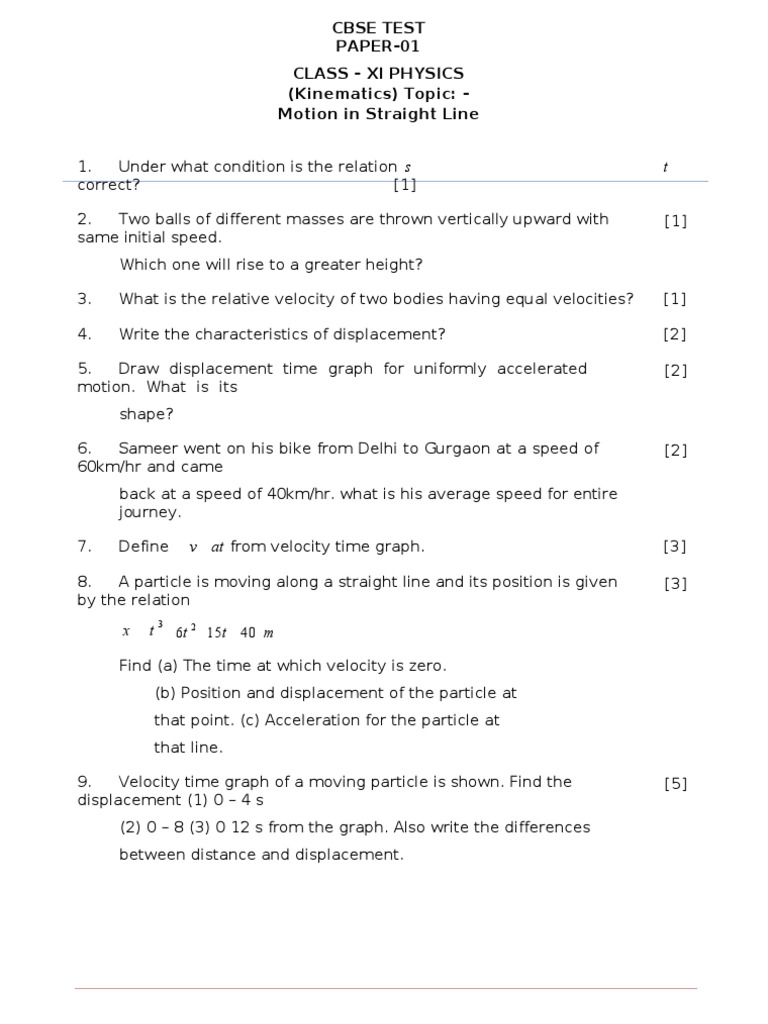 Kinematics Test Paper for Class 11 | PDF