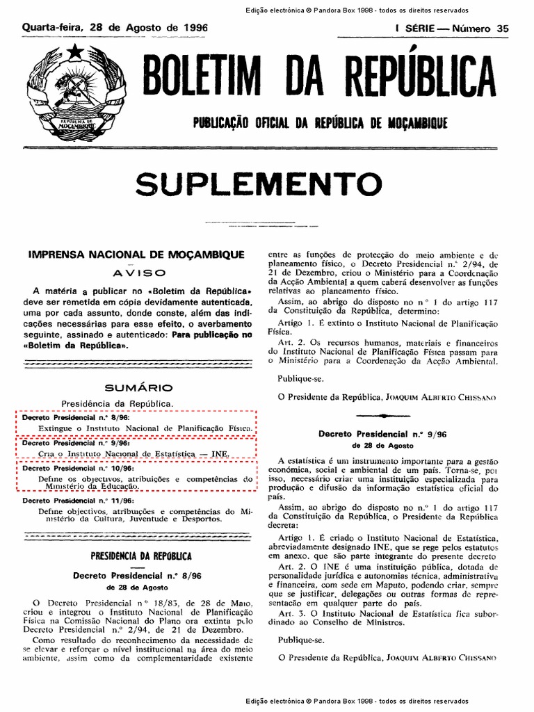 Decreto Presidencial. 9-96-28 de Agosto 1996 - Boletim Da Republica No ...