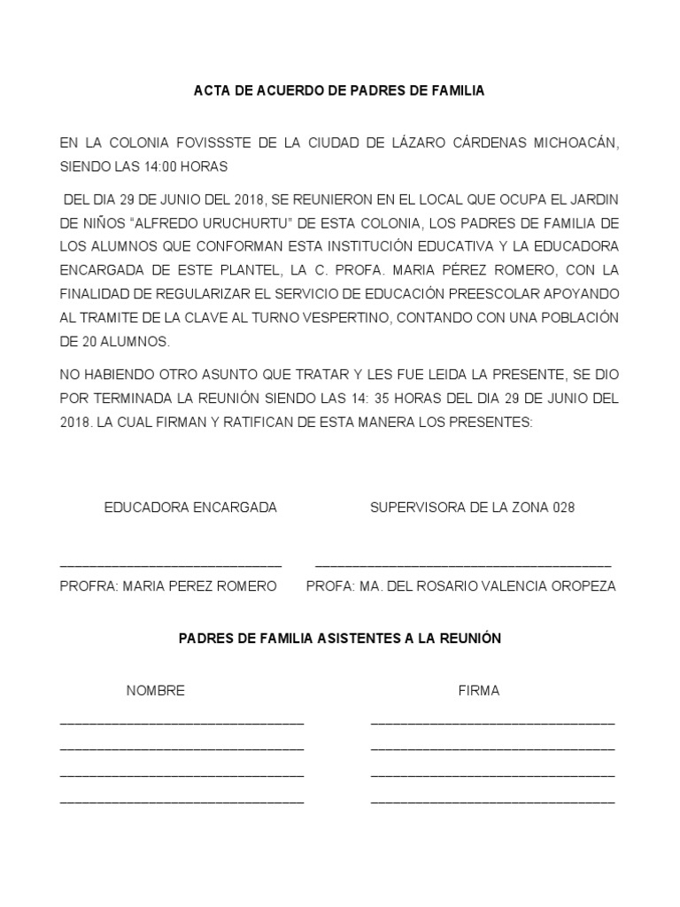 Acta de Acuerdo de Padres de Familia | PDF