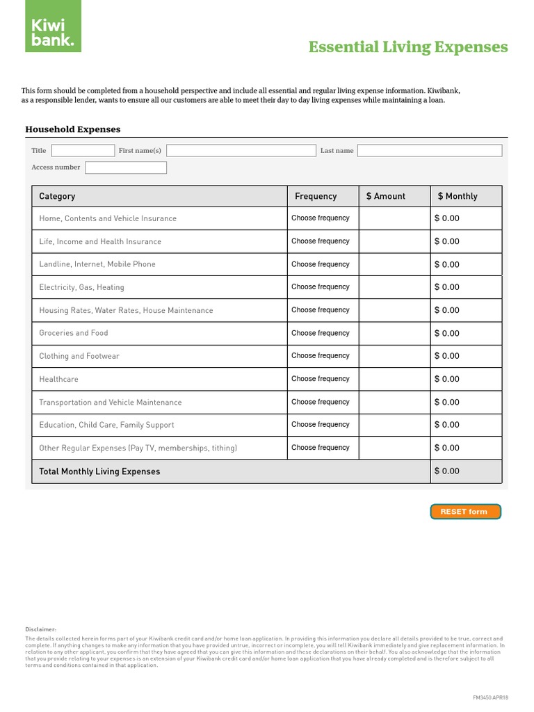 KB - Essential Living Expenses Form | PDF | Loans | Credit