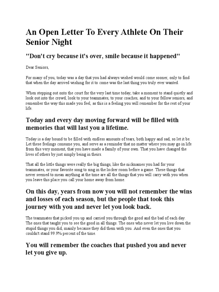An Open Letter To Every Athlete On Their Senior Night | PDF | Lifestyle