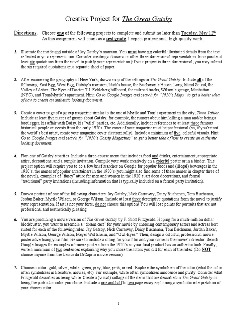 Creative Projects for The Great Gatsby | PDF | The Great Gatsby