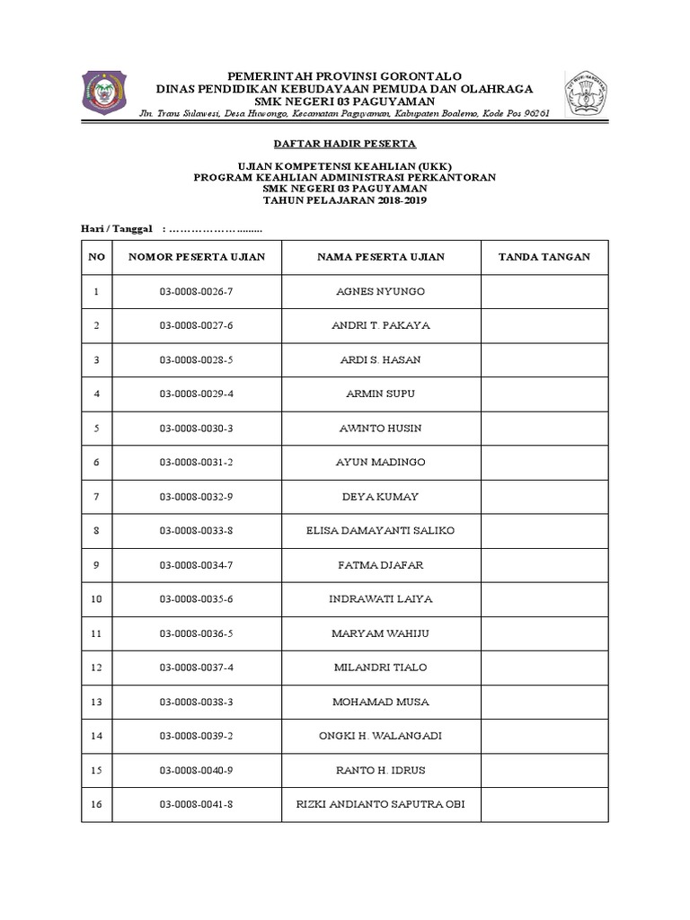 Daftar Hadir Peserta UKK FIV | PDF