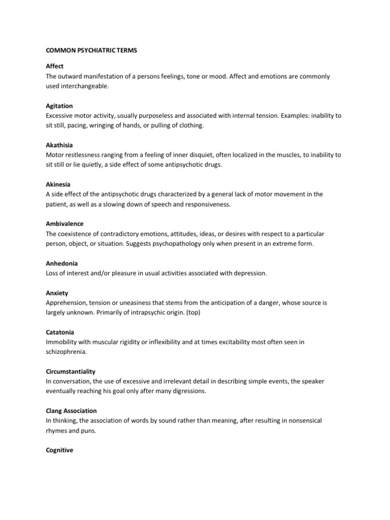 Common Psychiatric Terms | PDF | Mania | Perception