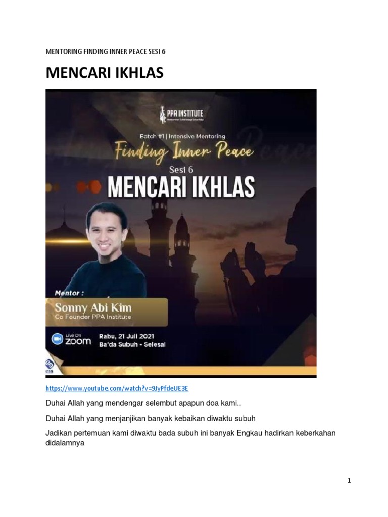 MENTORING FINDING INNER PEACE SESI 6-MENCARI IKHLAS-Sony Abi Kim | PDF