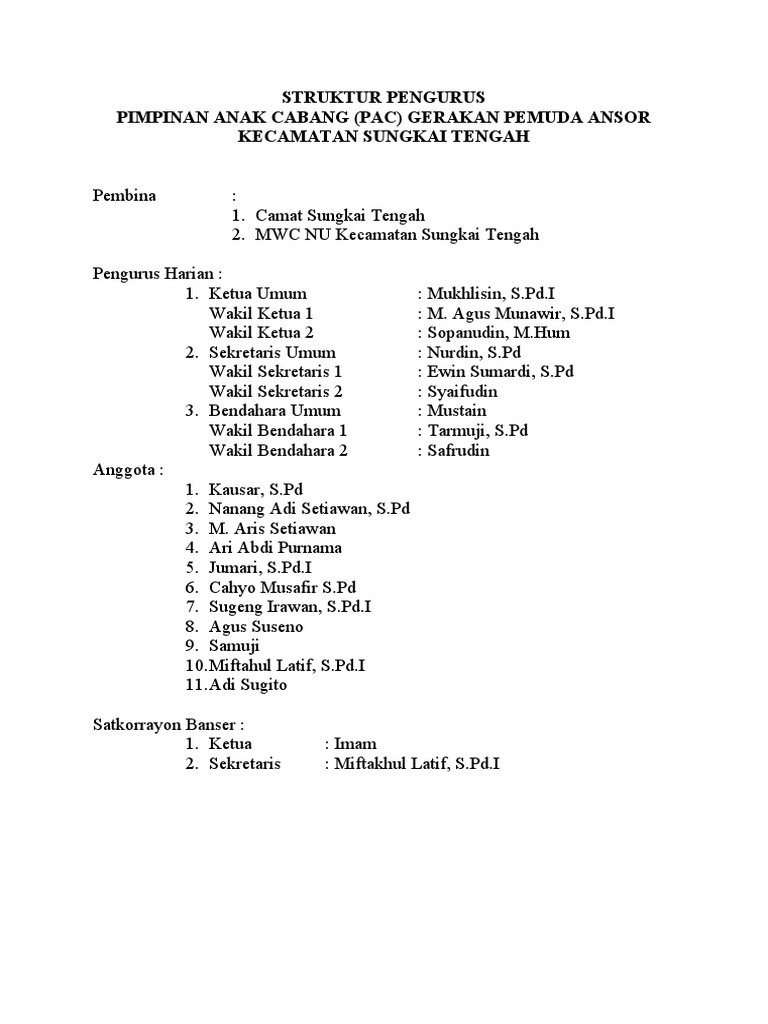 Struktur Pengurus Pac Ansor ST | PDF