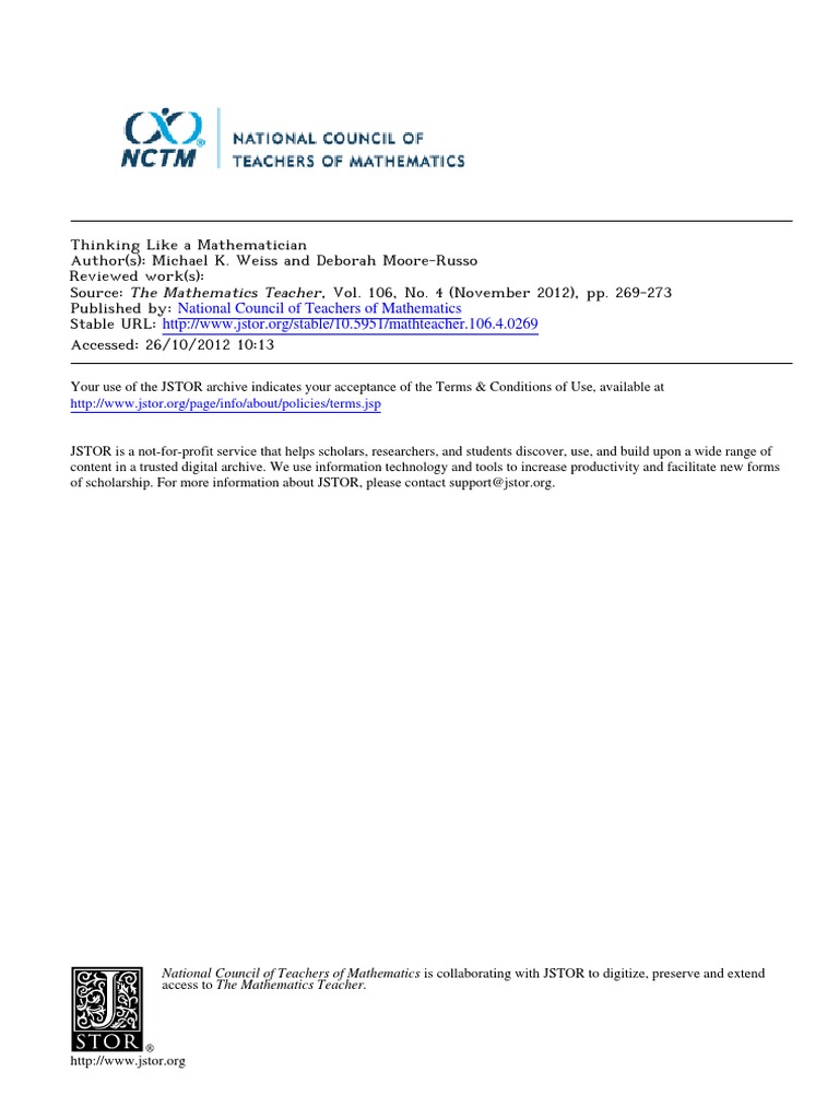 Weiss 2012 Mathematics Teacher Thinking Like A Mathematician | PDF ...