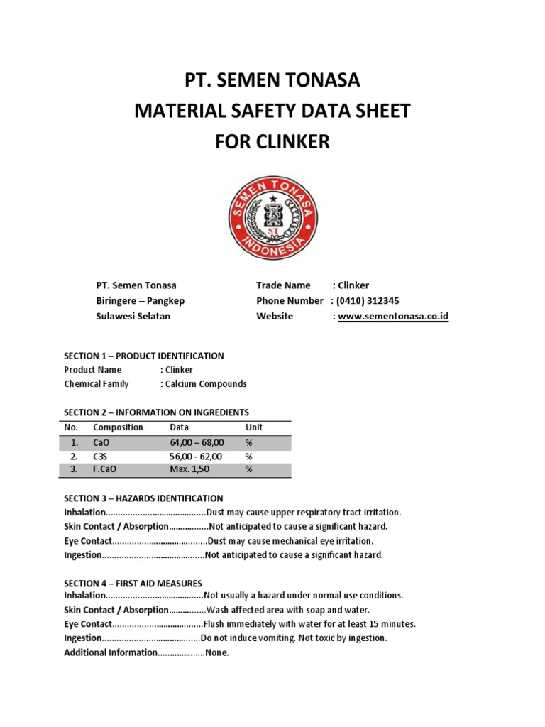 Pt. Semen Tonasa Material Safety Data Sheet For Clinker | PDF | Water | Occupational Safety And ...