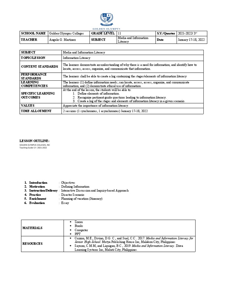 Information Literacy Lesson Plan | PDF | Information Literacy | Literacy