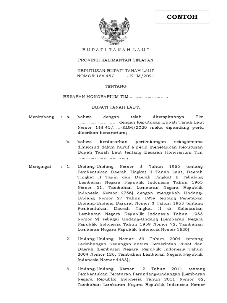 Contoh SK Honorarium Bupati Tanah Laut | PDF