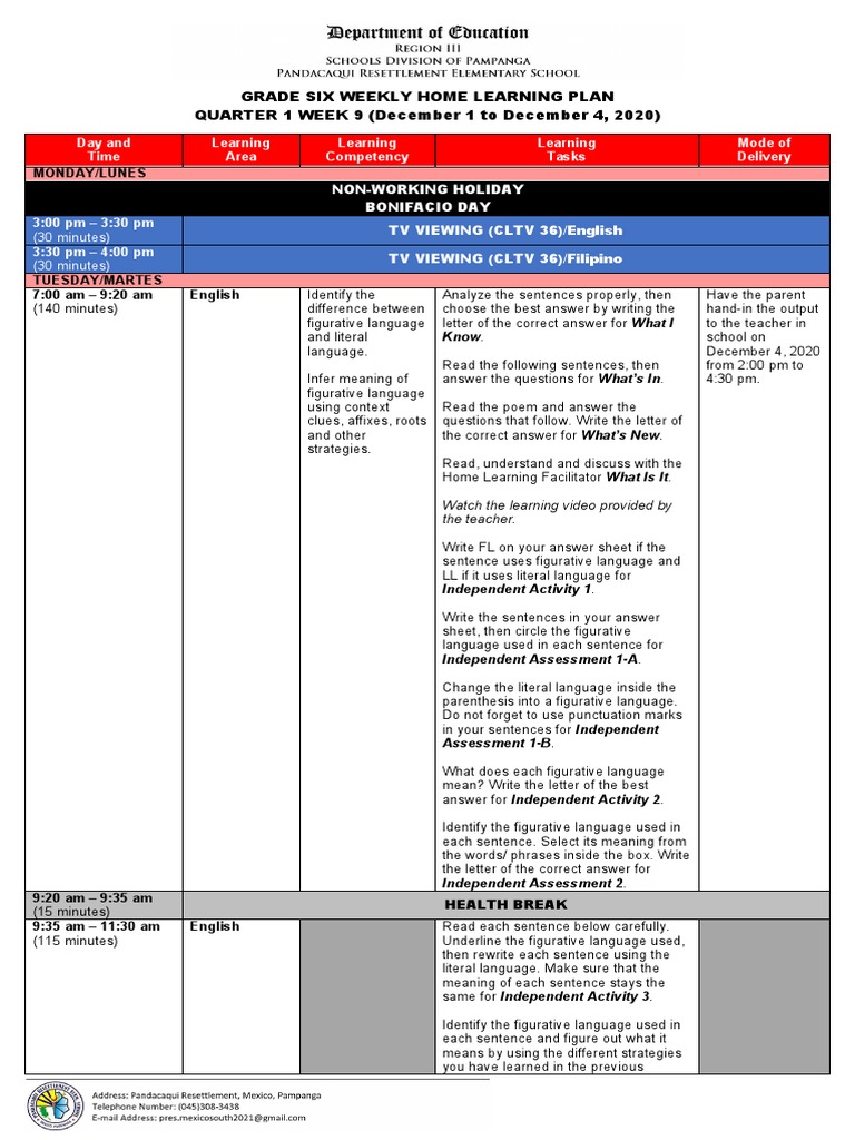 Grade 6 weekly learning plan focuses on figurative language | PDF ...
