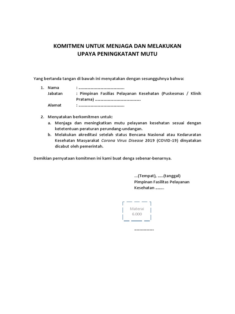 Contoh Format Komitmen Menjaga & Meningkatkan Mutu Layanan Klinik | PDF