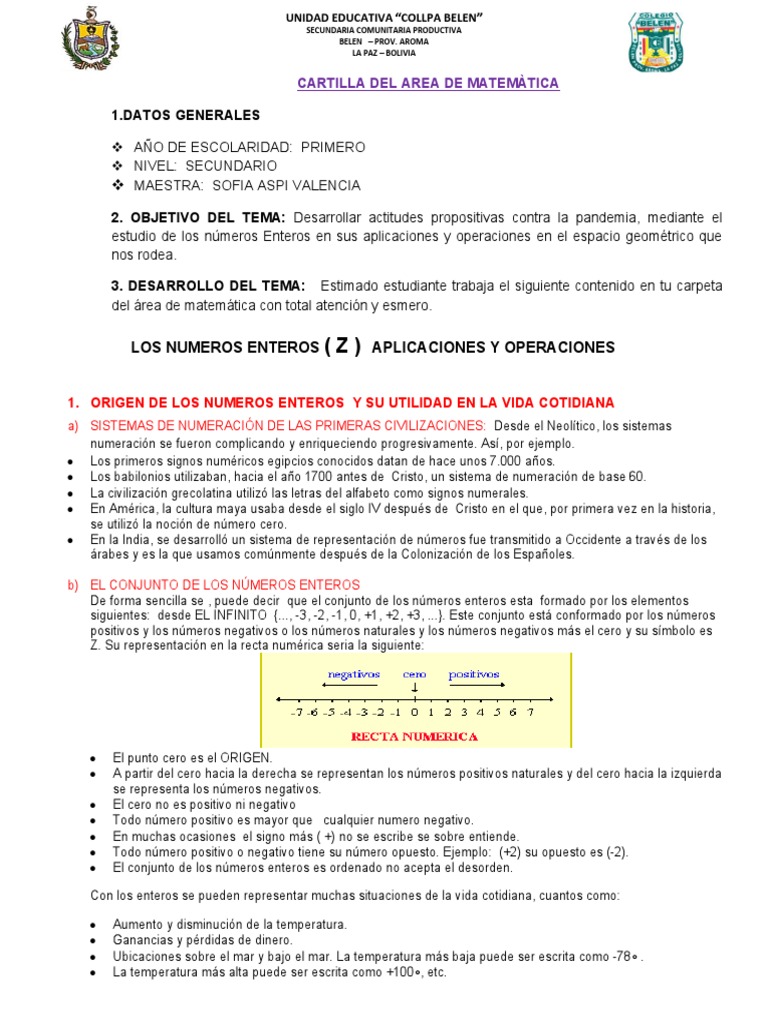 LOS NUMEROS Z 1ro-CARTILLA | PDF | Entero | Enseñanza de matemática