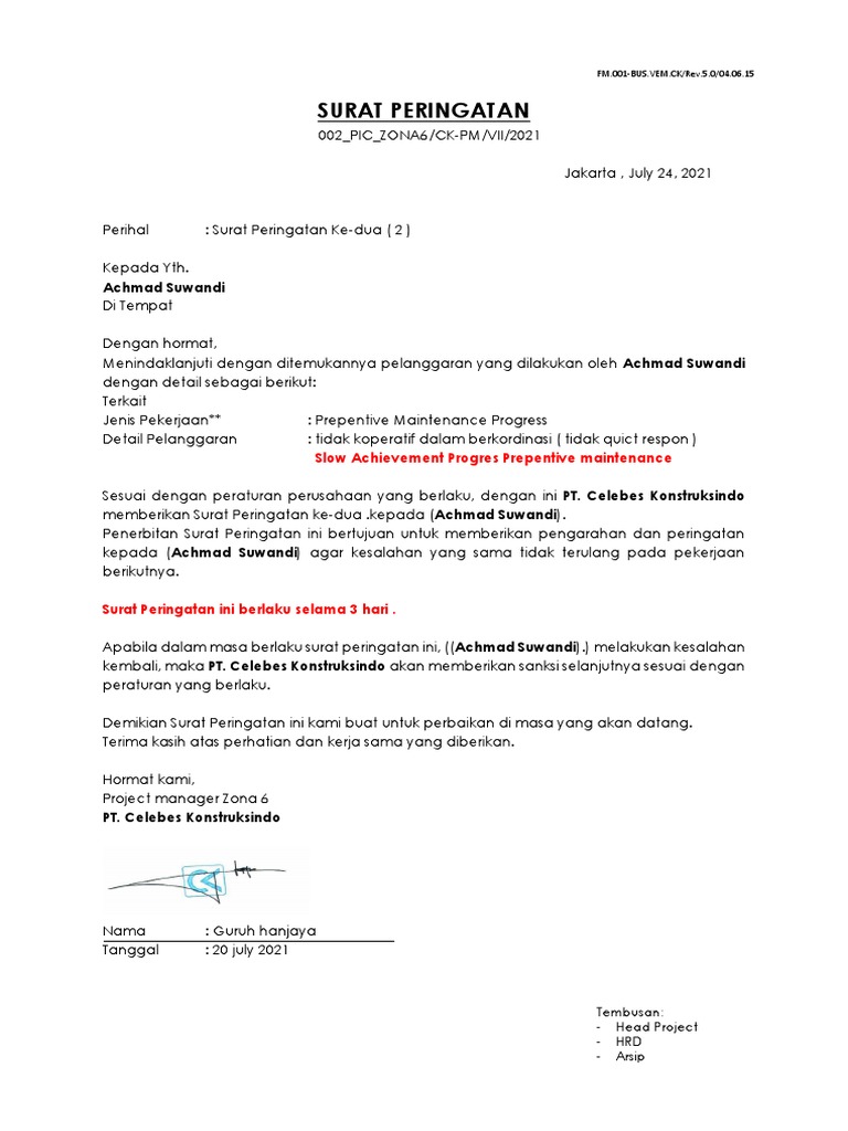 Surat Peringatan Kedua untuk Achmad Suwandi | PDF