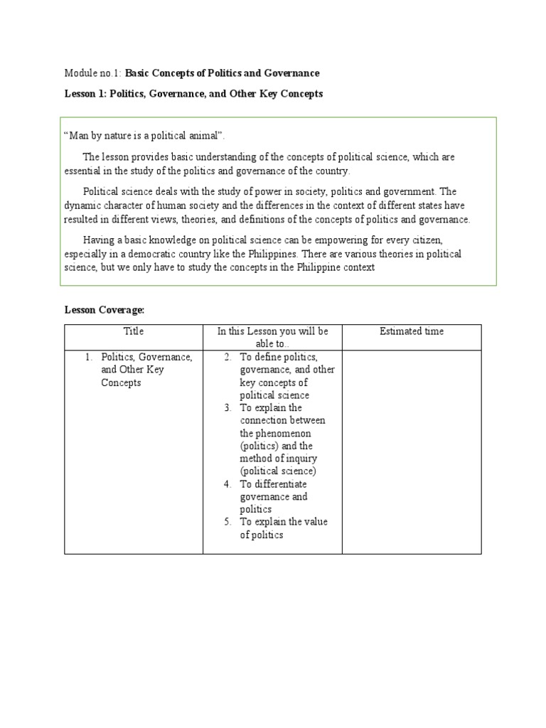 Lesson 1: Politics, Governance, and Other Key Concepts | PDF ...