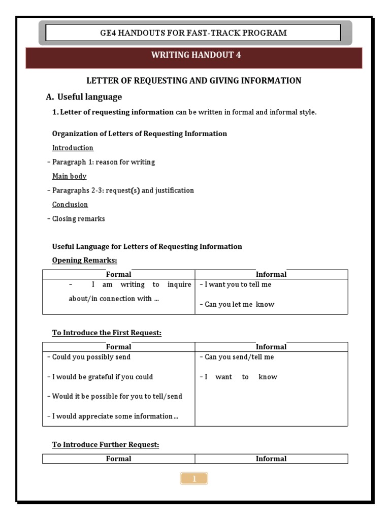 Letter of Requesting and Giving Information A. Useful Language | PDF ...