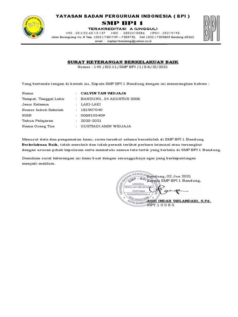 SMP Bpi 1: Yayasan Badan Perguruan Indonesia (Bpi) | PDF