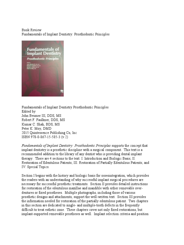 Fundamentals of Implant Dentistry: Prosthodontic Principles Supports ...