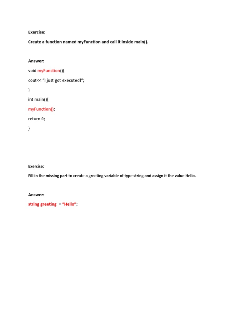 Exercise: Create A Function Named Myfunction and Call It Inside Main ...