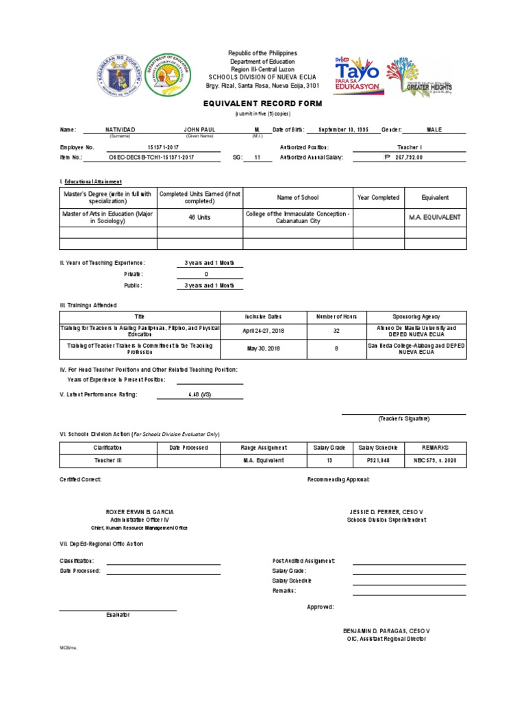 Equivalent Record Form: Schools Division of Nueva Ecija | PDF ...