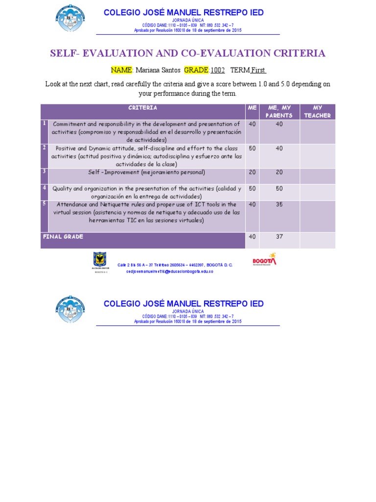 Self-Evaluation and Co-Evaluation Rubric 2021 Virtual | PDF | Informática y tecnología de la ...