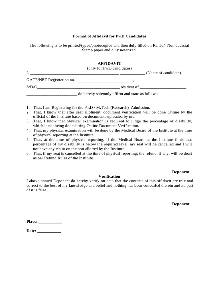 Format of Affidavit For PWD Candidates | PDF