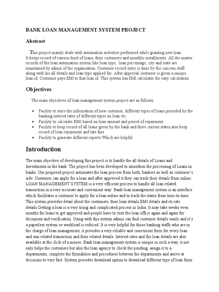 BANK LOAN MANAGEMENT SYSTEM PROJECT Synopsis | PDF | Banks | Loans