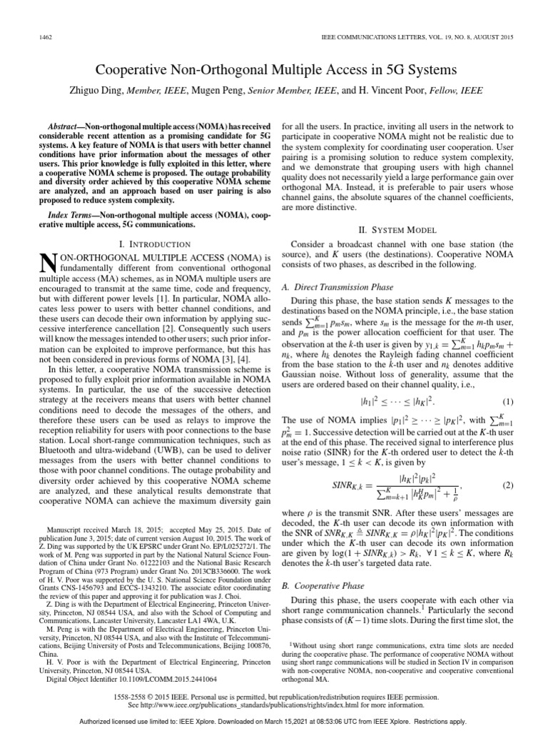 Cooperative Non-Orthogonal Multiple Access in 5G Systems | PDF | Channel Access Method ...