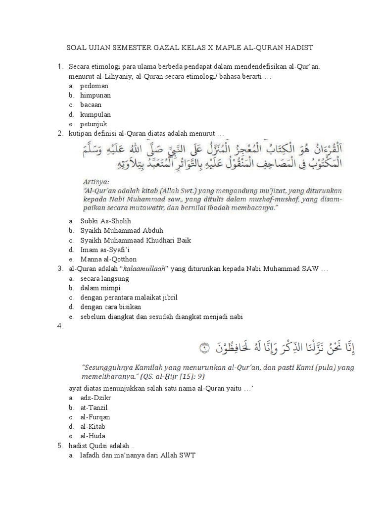 Soal Ujian Al-Qur'an Hadist Kelas X | PDF