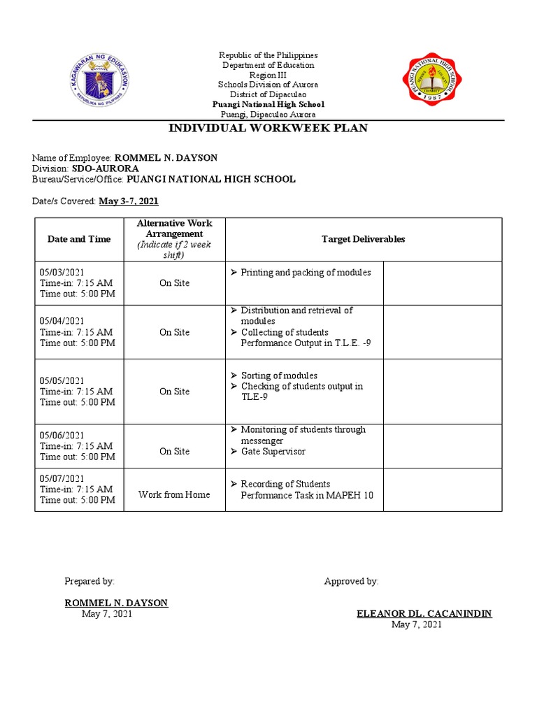 Individual Workweek Plan: Date and Time Alternative Work Arrangement ...