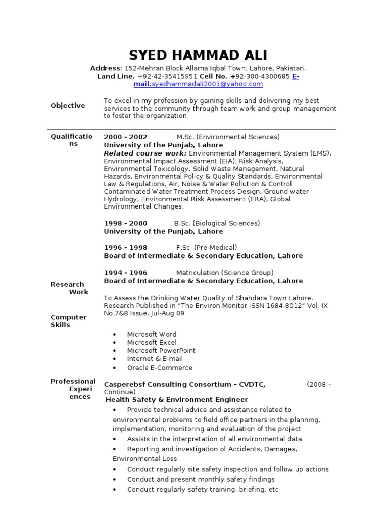 CV Syed Hammad Ali | PDF | Environmental Science | Drinking Water