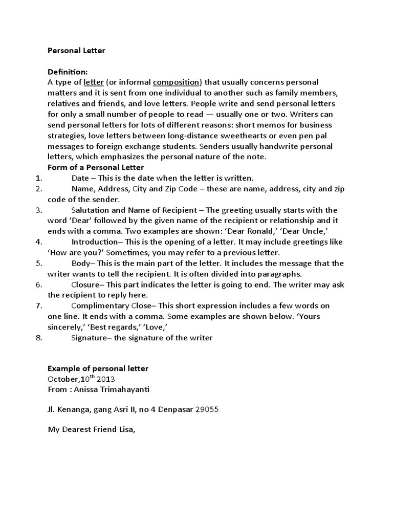 Definition of Personal Letter | PDF | Written Communication | Writing
