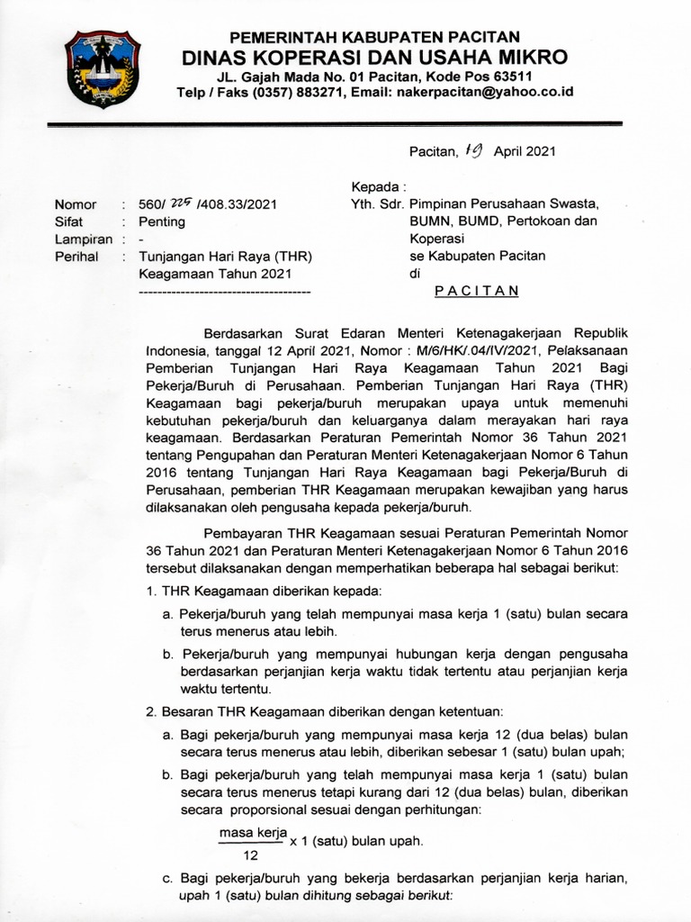 Surat Edaran THR 2021 | PDF