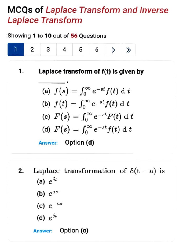 Laplace Transform & Inverse Laplace Transform MCQ | PDF | Mathematical ...