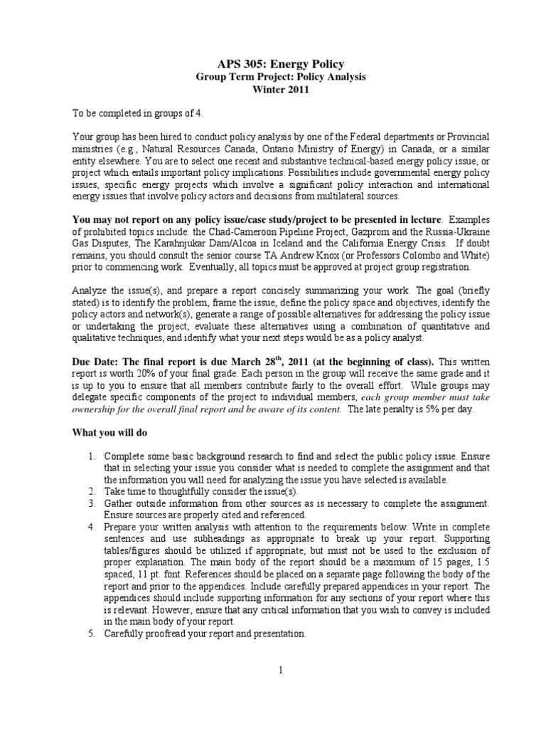 APS 305 2011 Group Project | PDF | Policy Analysis | Evaluation