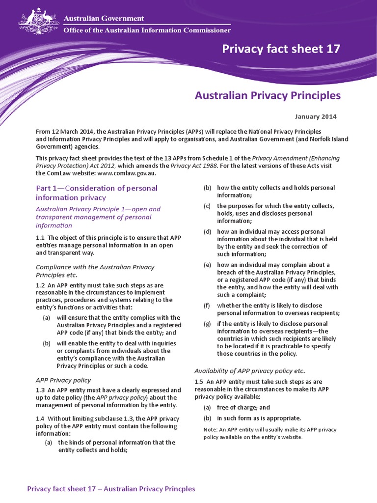 Australian Privacy Principles (OAIC) | PDF | Privacy | Privacy Policy